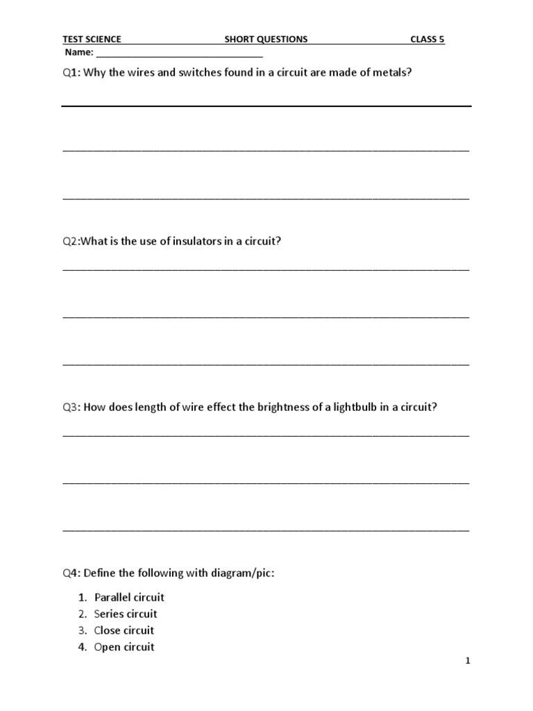 Test Science Short Questions Class 5 Name | PDF | Series And Parallel ...
