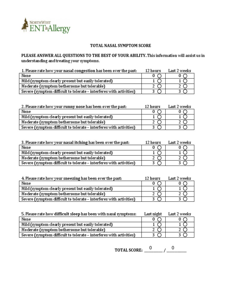 Total Nasal Symptom Score | Clinical Medicine | Diseases And Disorders