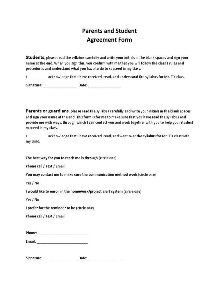 Parents and Student Agreement Form: Students | PDF