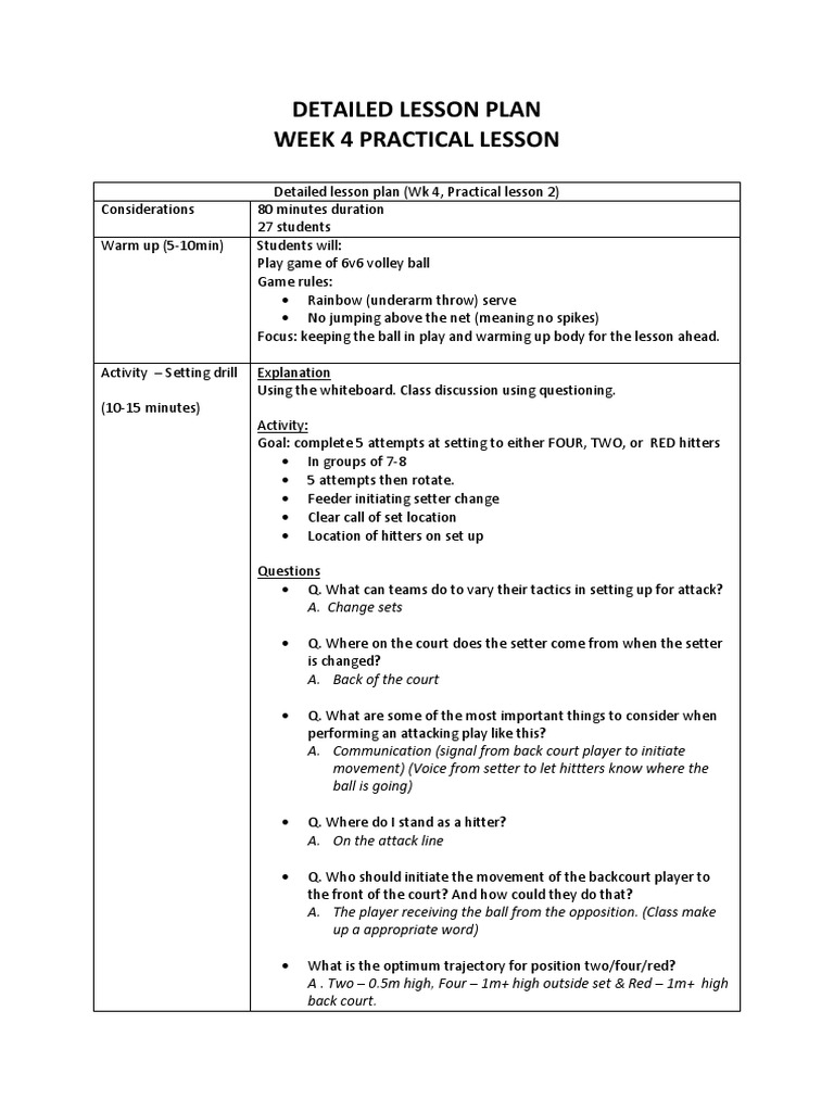 Volleyball Lesson Plan for Week 4 | PDF | Volleyball | Leisure