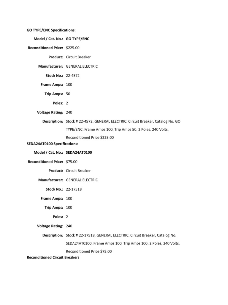 TYPE/ENC, Frame Amps 100, Trip Amps 50, 2 Poles, 240 Volts ...