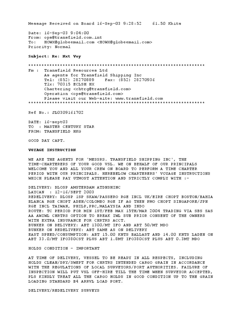 Voyage Instructions for Century Star | PDF | Cargo | Watercraft