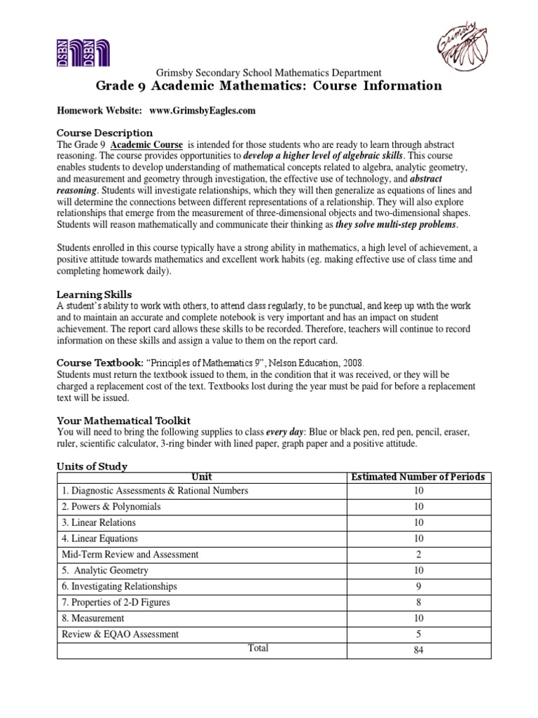 Grade 9 Academic Mathematics: Course Information: Grimsby Secondary ...