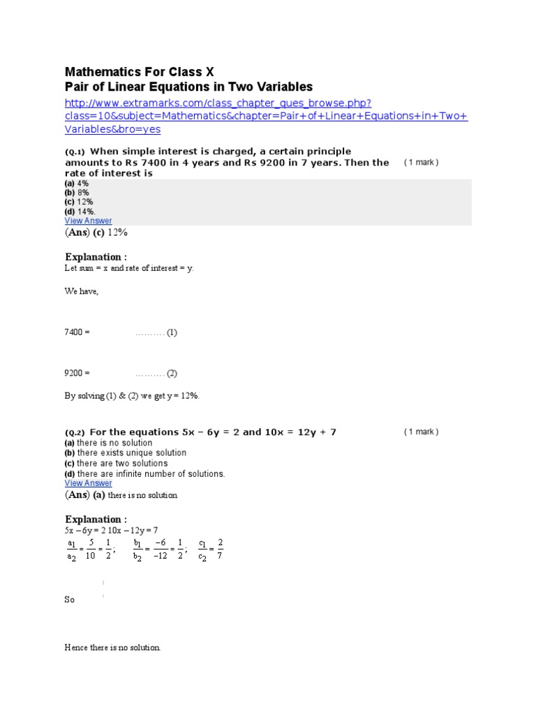 CHAPTER-3-Pair of Linear Equations in Two Variables | PDF | Equations ...