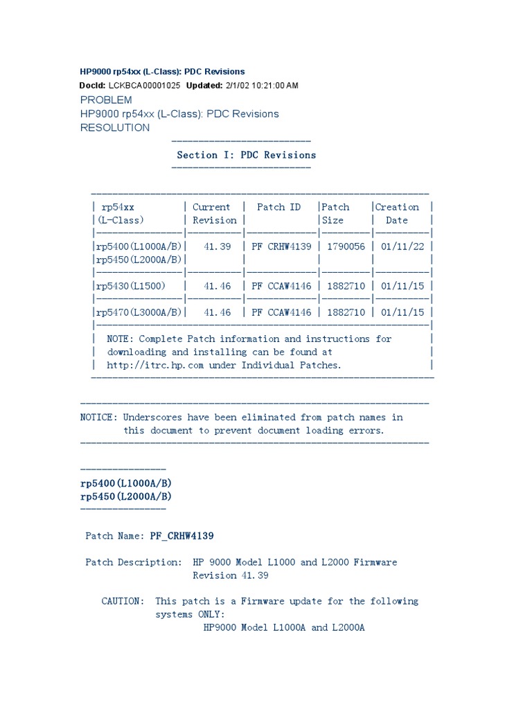 Docid: Lckbca00001025 Updated: 2/1/02 10:21:00 Am: Hp9000 Rp54Xx (L-Class) : PDC Revisions | PDF ...