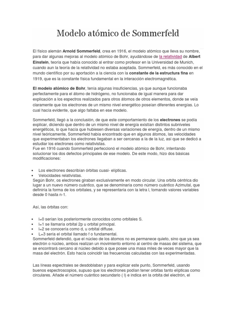 Modelo atómico de Sommerfeld explicado | PDF | Átomos | Orbital atómico
