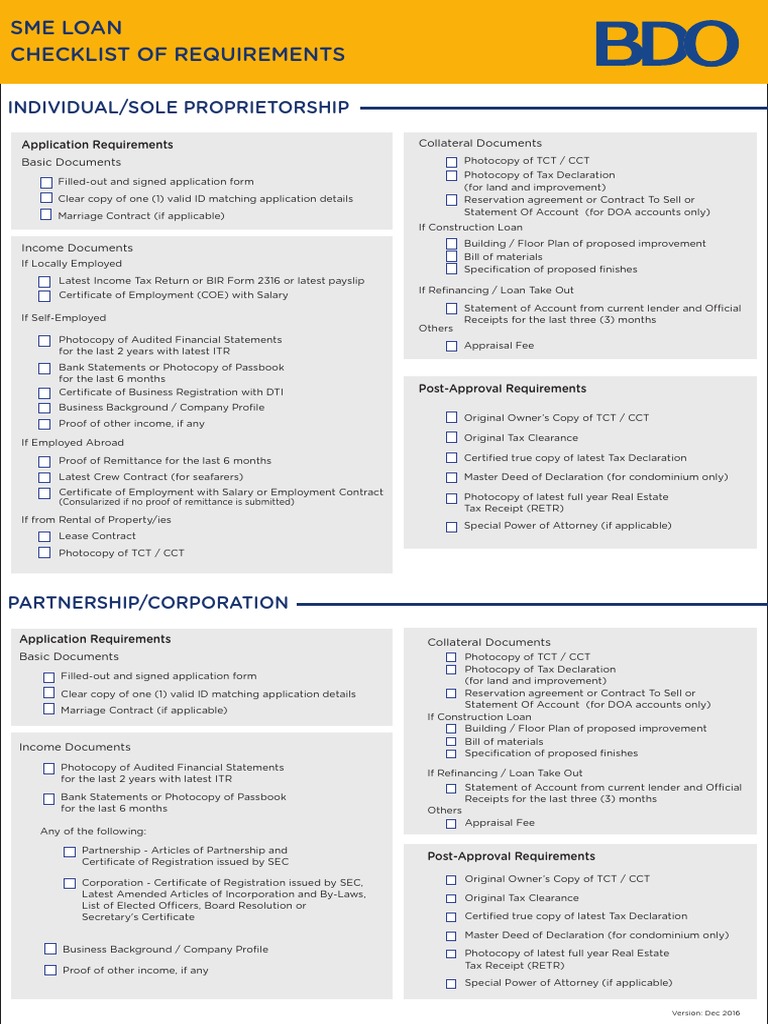 SME Checklist of Requirements | PDF | Loans | Real Estate Appraisal