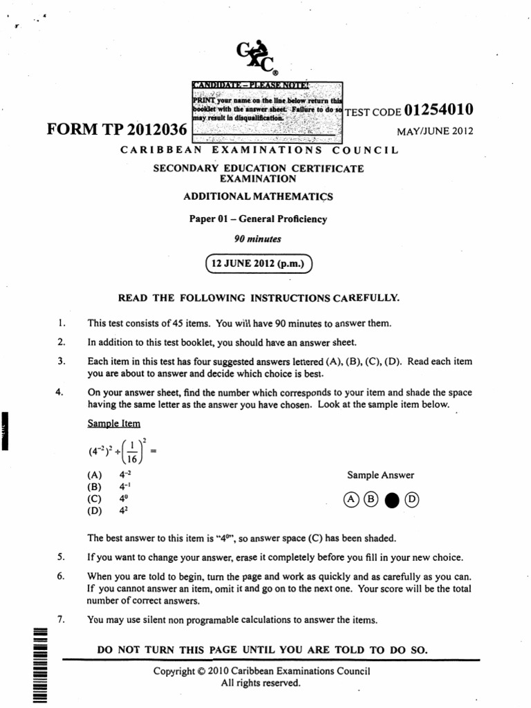 CXC CSEC Add Maths 2012 P1 | PDF
