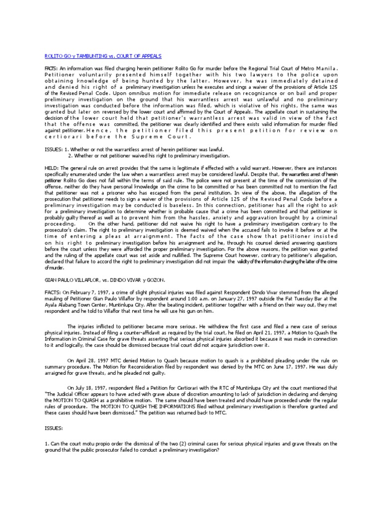 Rolito Go Y Tambunting vs. Court of Appeals | PDF | Arrest | Habeas Corpus