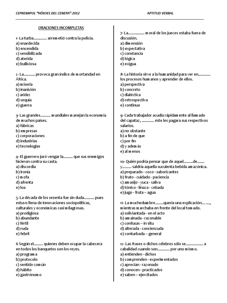 Oraciones Incompletas para Primaria | PDF