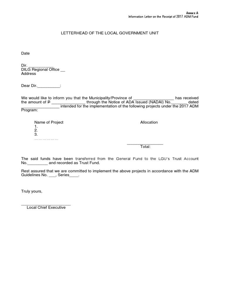 Annex A Information Letter On The Receipt of 2017 ADM Fund | PDF ...
