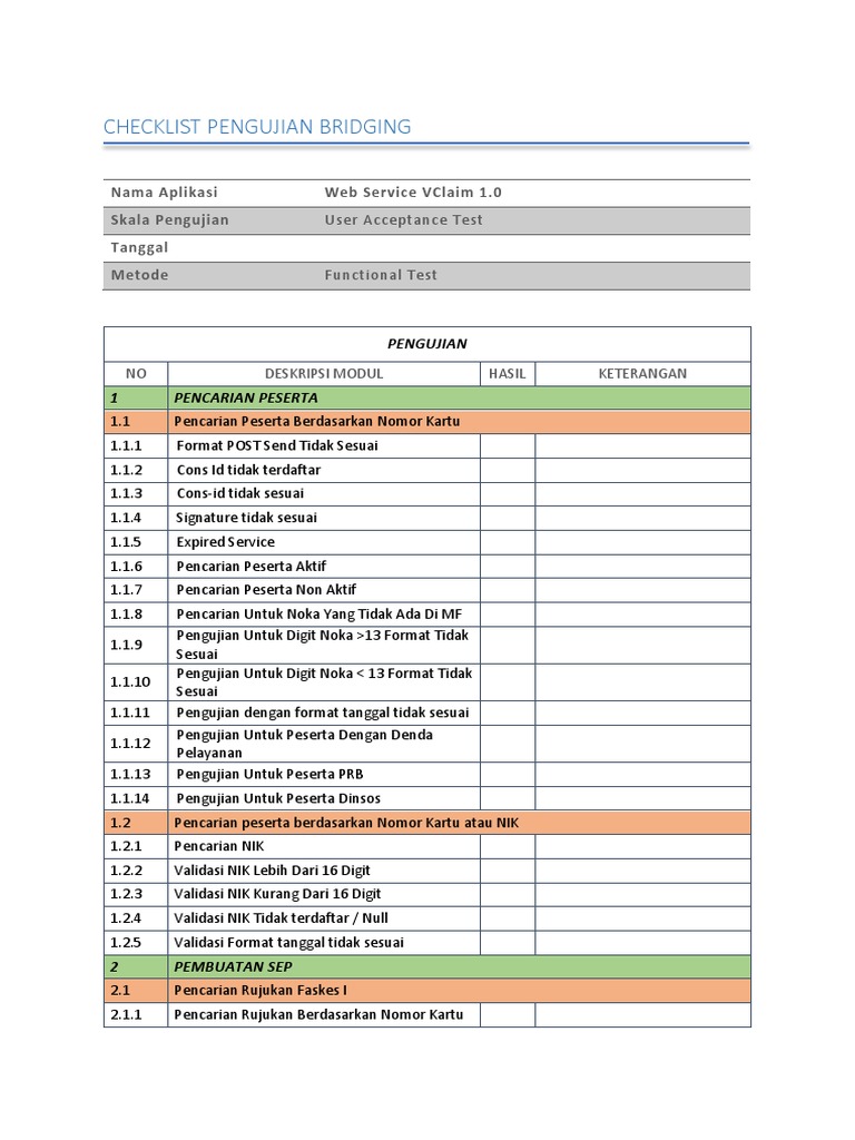 Form Checklist Bridging System VClaim Versi 1.0 | PDF