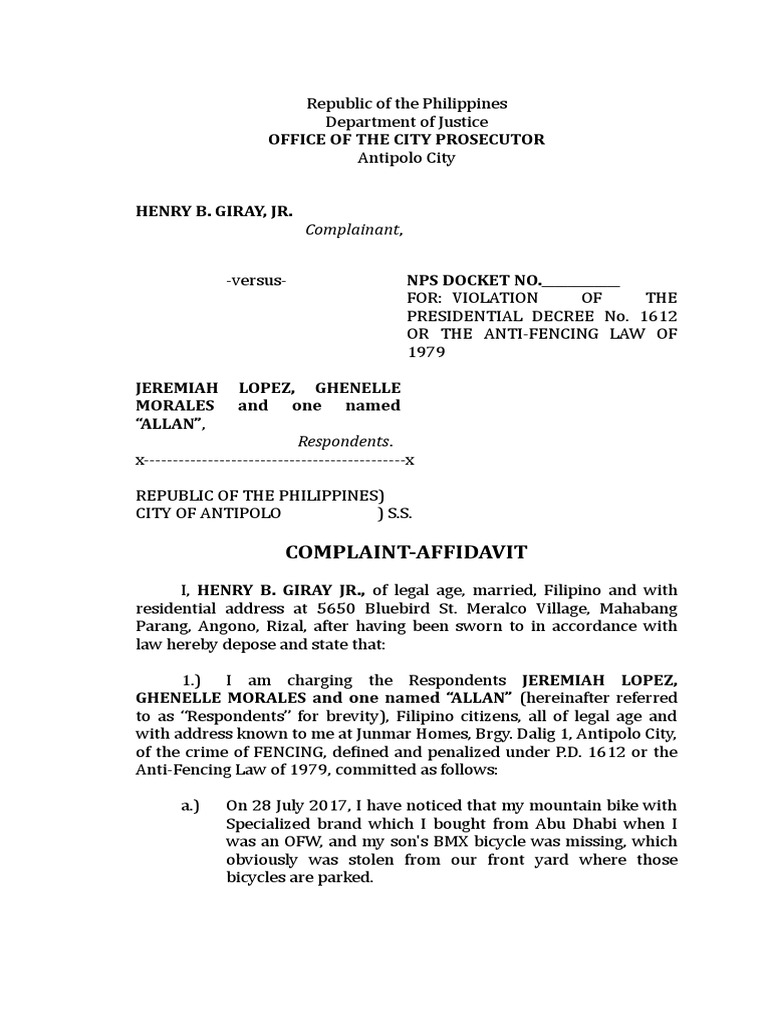 Complaint For Anti-Fencing | PDF | Theft | Robbery