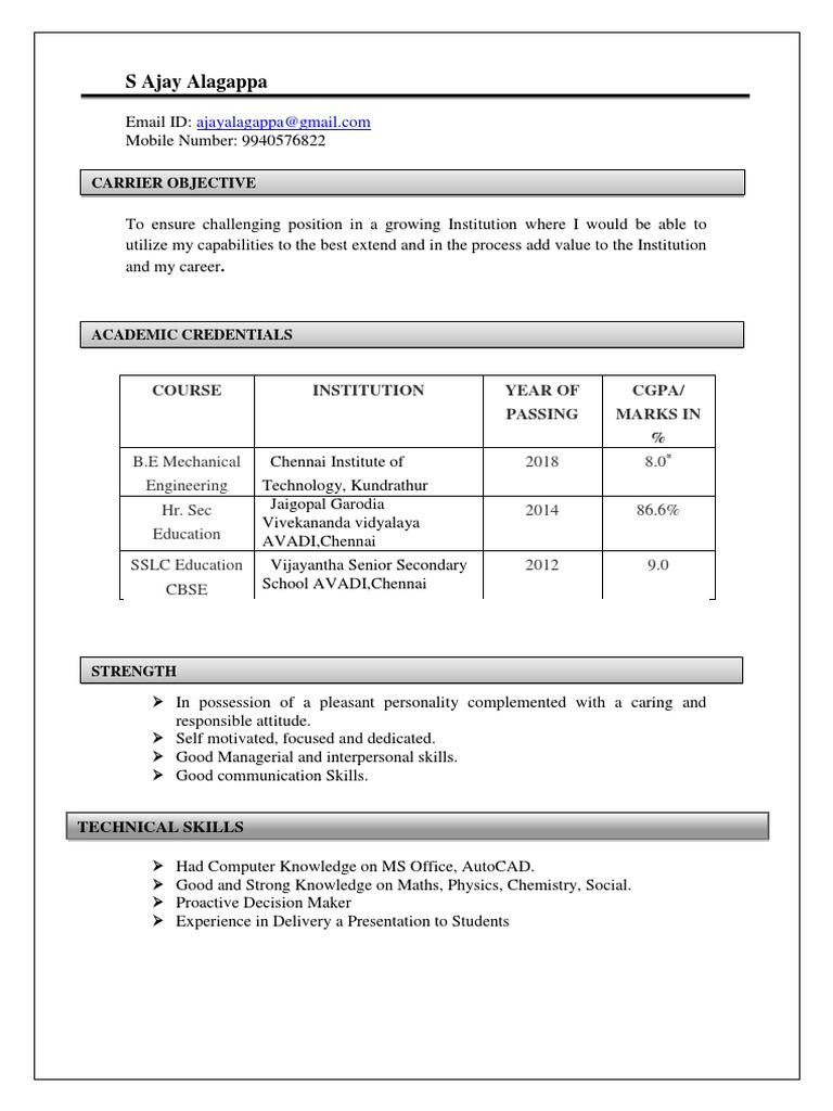 S Ajay Alagappa: Course Institution Year of Passing Cgpa/ Marks in % | PDF | Cognition ...