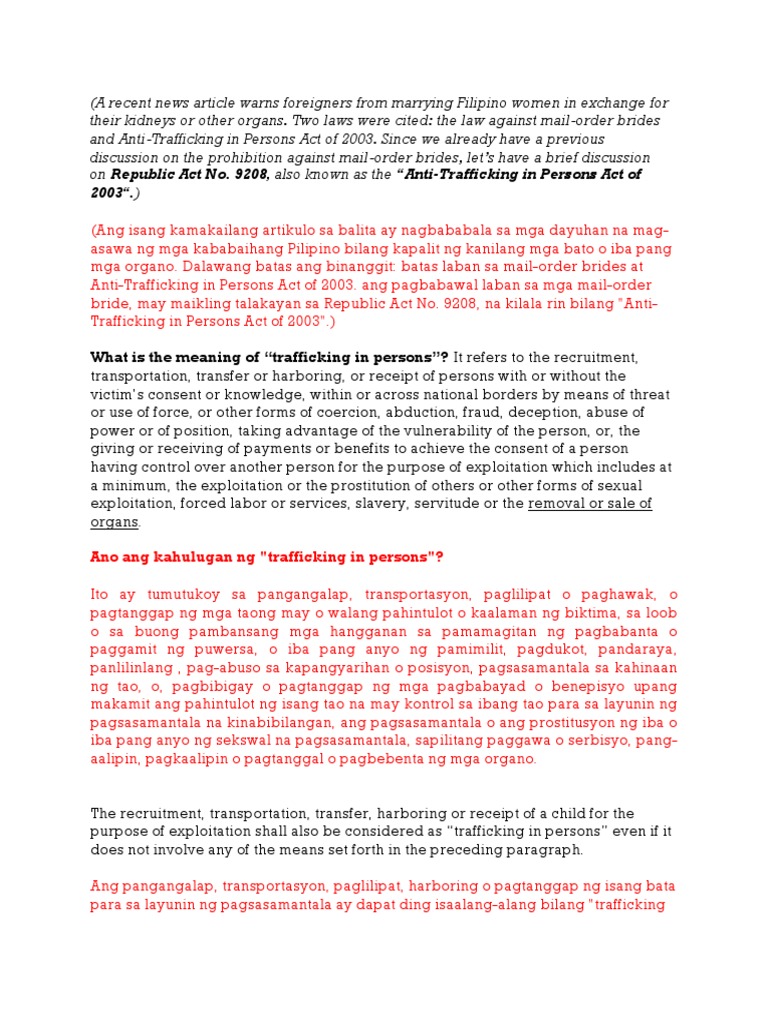 RA 9208 Anti-Trafficking in Persons Act of 2003 | PDF