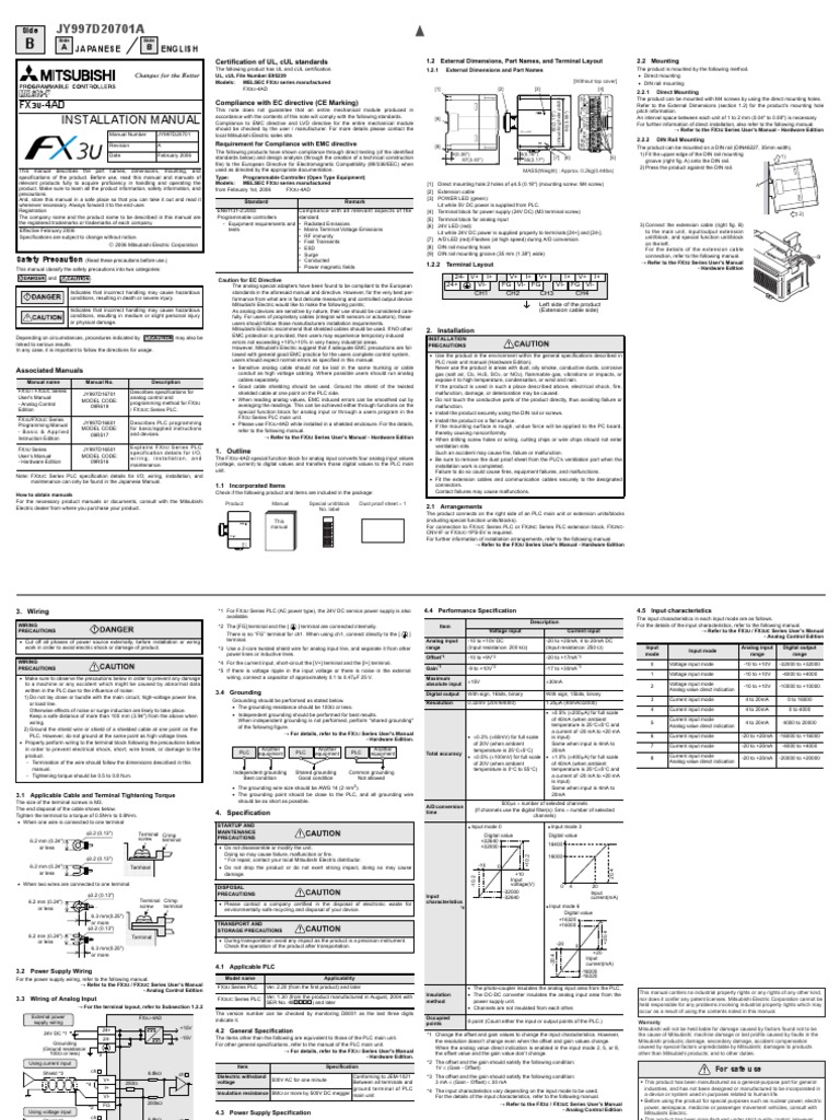 Fx3u 4ad,Installation Manual | Programmable Logic Controller ...