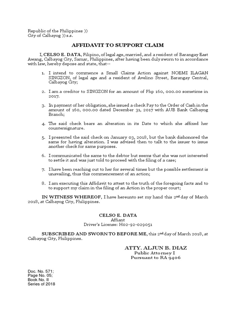 Affidavit To Support Claim - Small Claims | PDF