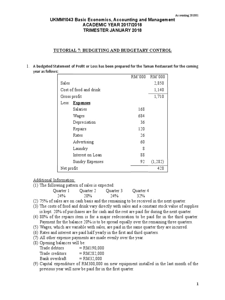 Tutorial 7 - Budgeting and Budgetary Control Questions | PDF | Expense ...