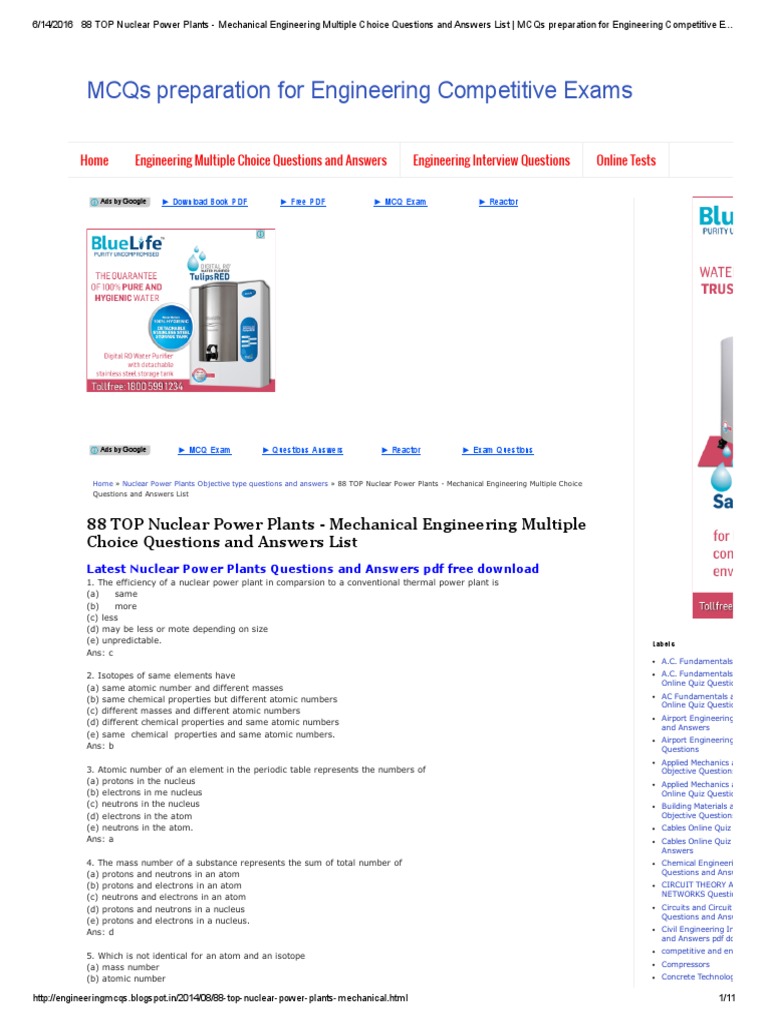 Nuclear Power Plants - MCQ | PDF | Neutron | Nuclear Fission