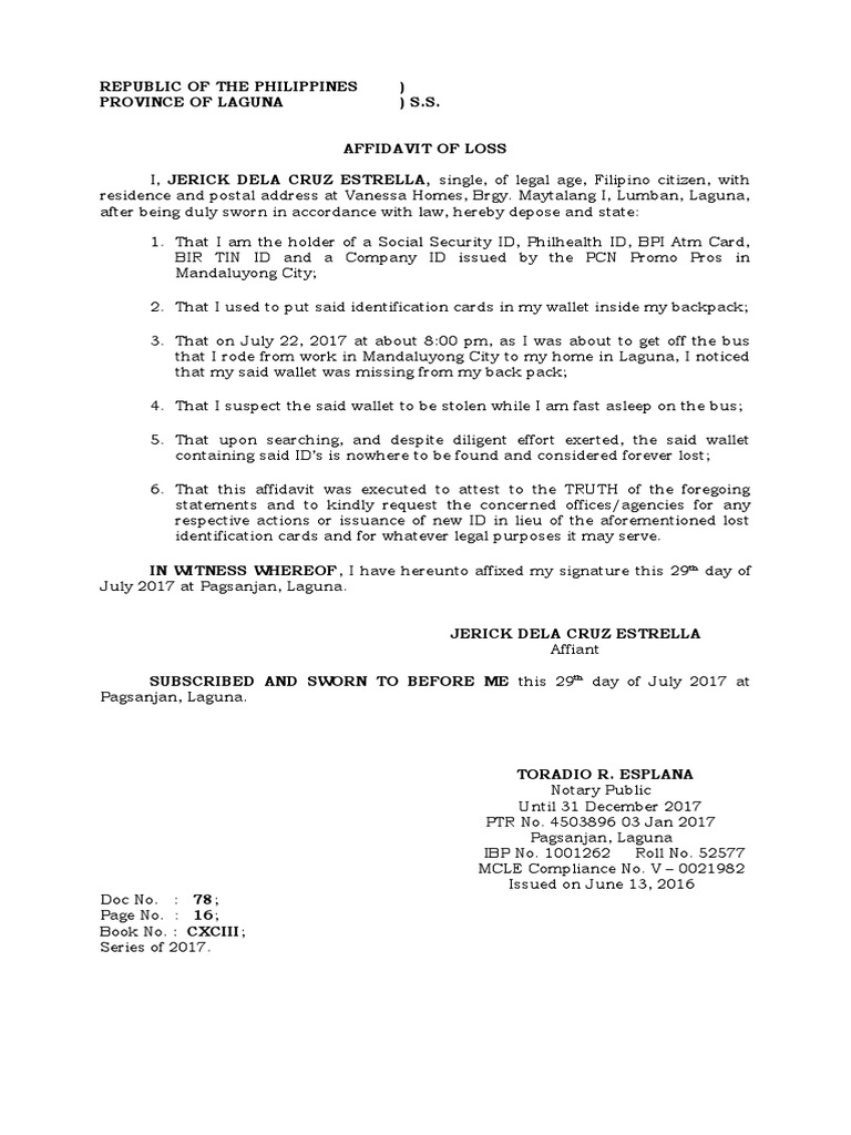Affidavit of Loss for ID Cards | PDF | Identity Document | Affidavit
