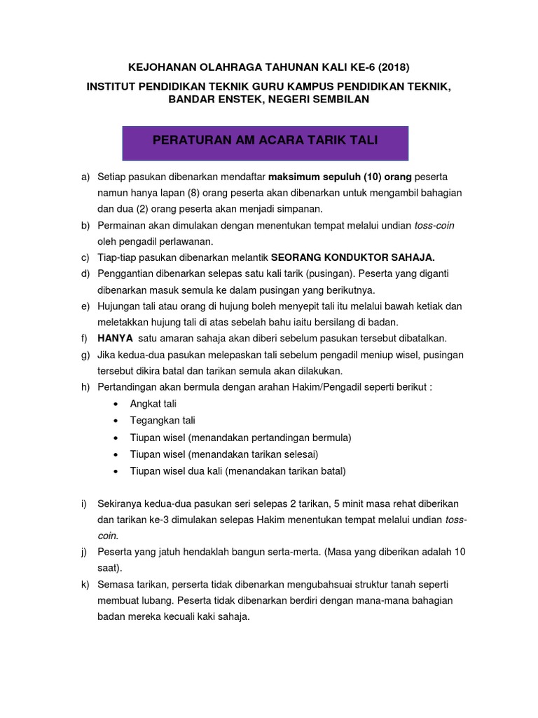 Peraturan Pertandingan Tarik Tali 2018 | PDF