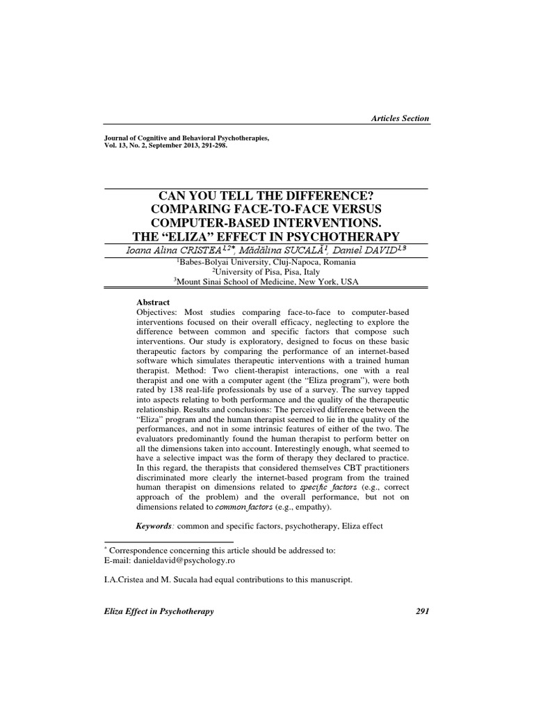 Eliza Effect in Psychotherapy | PDF | Cognitive Behavioral Therapy ...