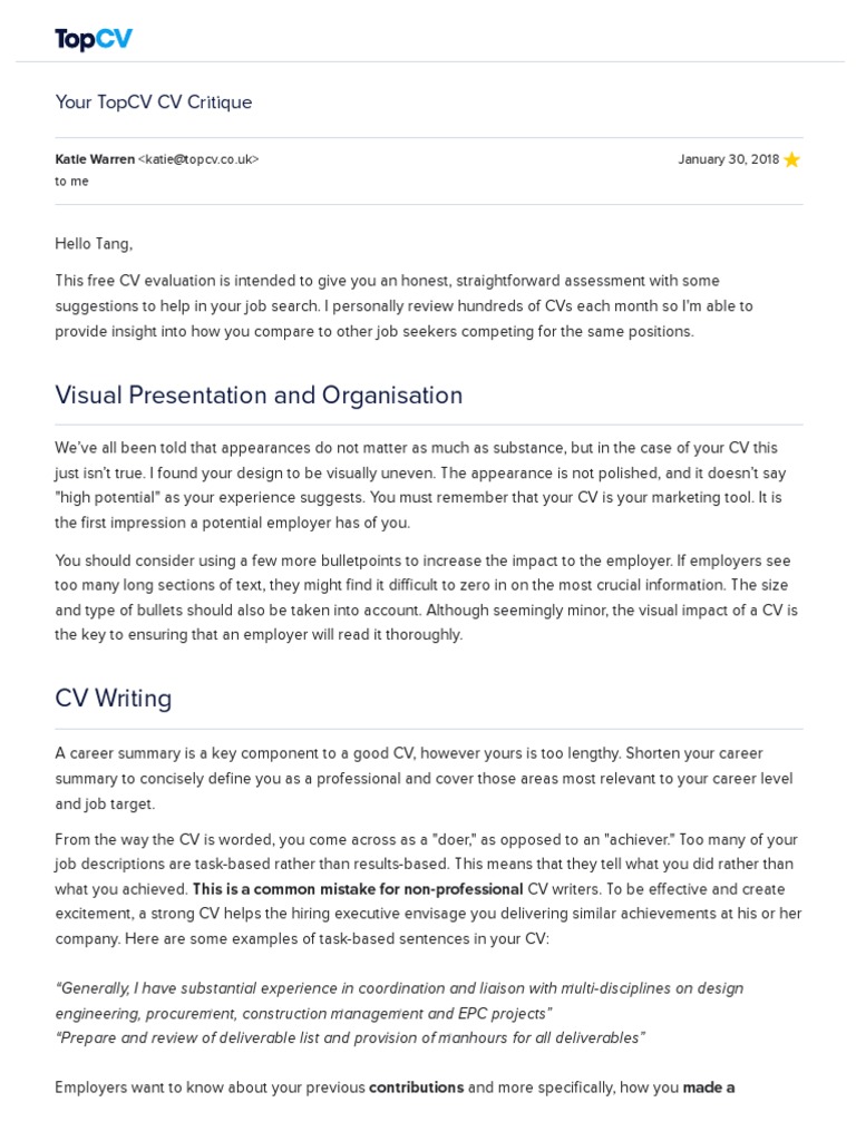 Review Your CV Critique - TopCV | PDF | Résumé | Business