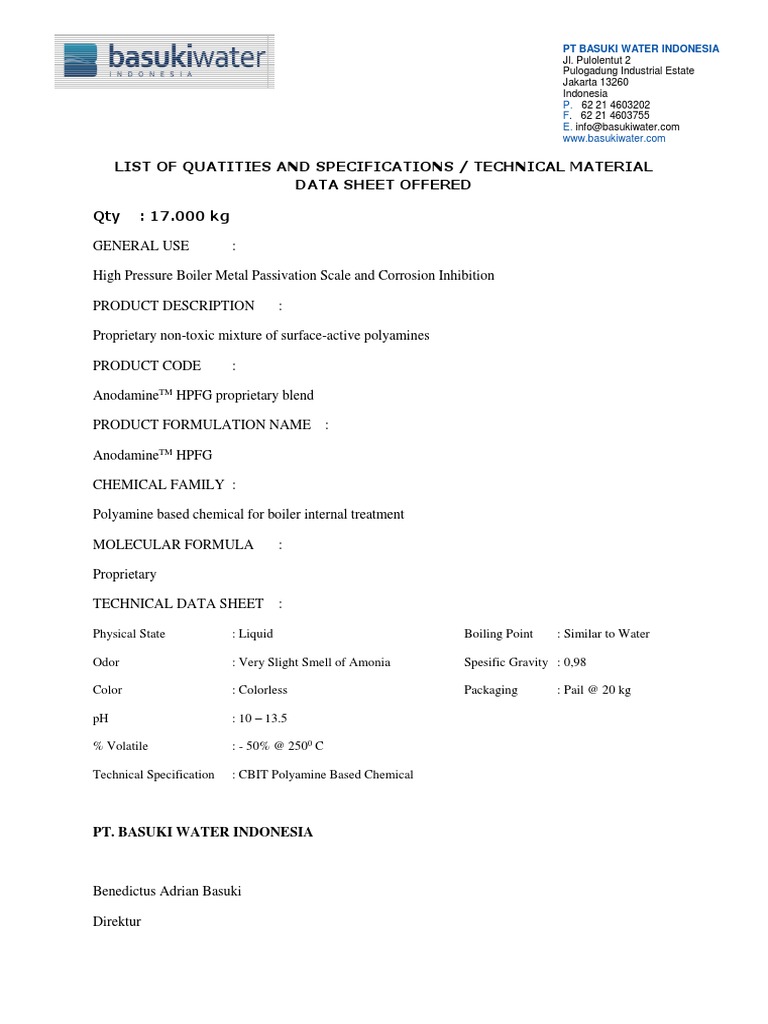 List of Quatities and Specifications / Technical Material Data Sheet ...