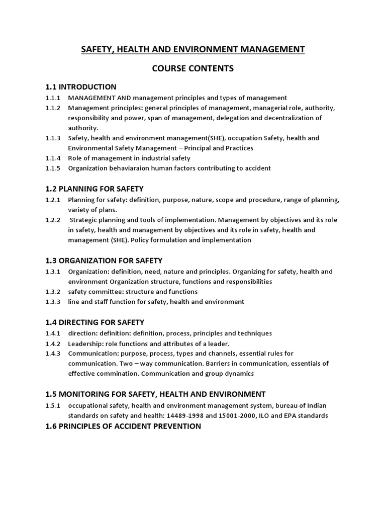 Safety, Health and Environment Management Course Contents | PDF ...