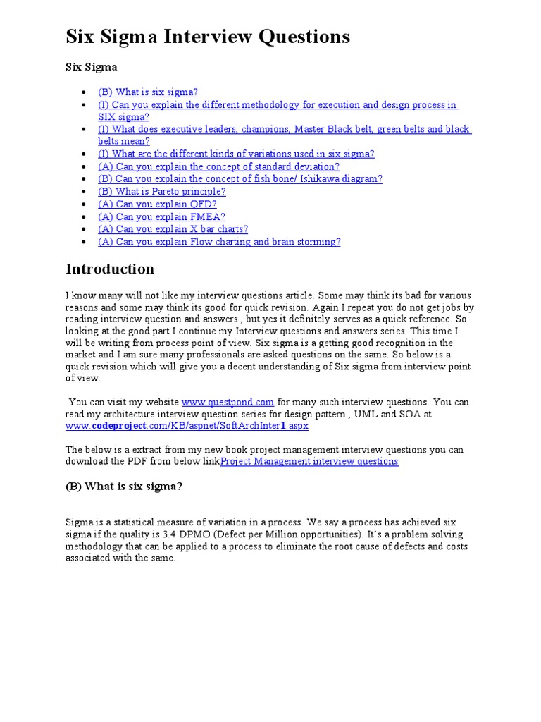 Six Sigma Interview Questions | PDF | Six Sigma | Standard Deviation