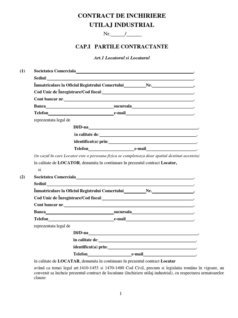 Contract Locatiune Inchiriere Utilaj Industrial | PDF
