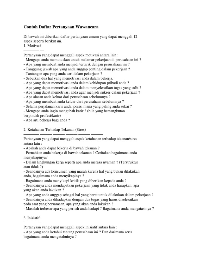 Contoh Daftar Pertanyaan Wawancara