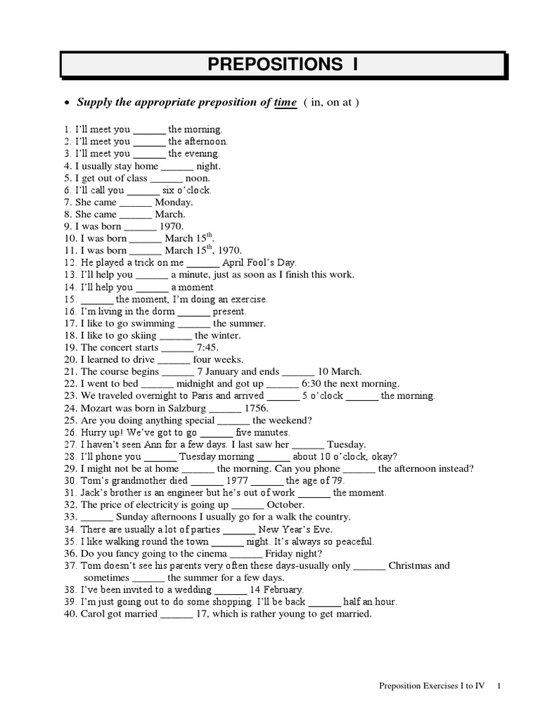 Preposition Exercises I To IV | PDF