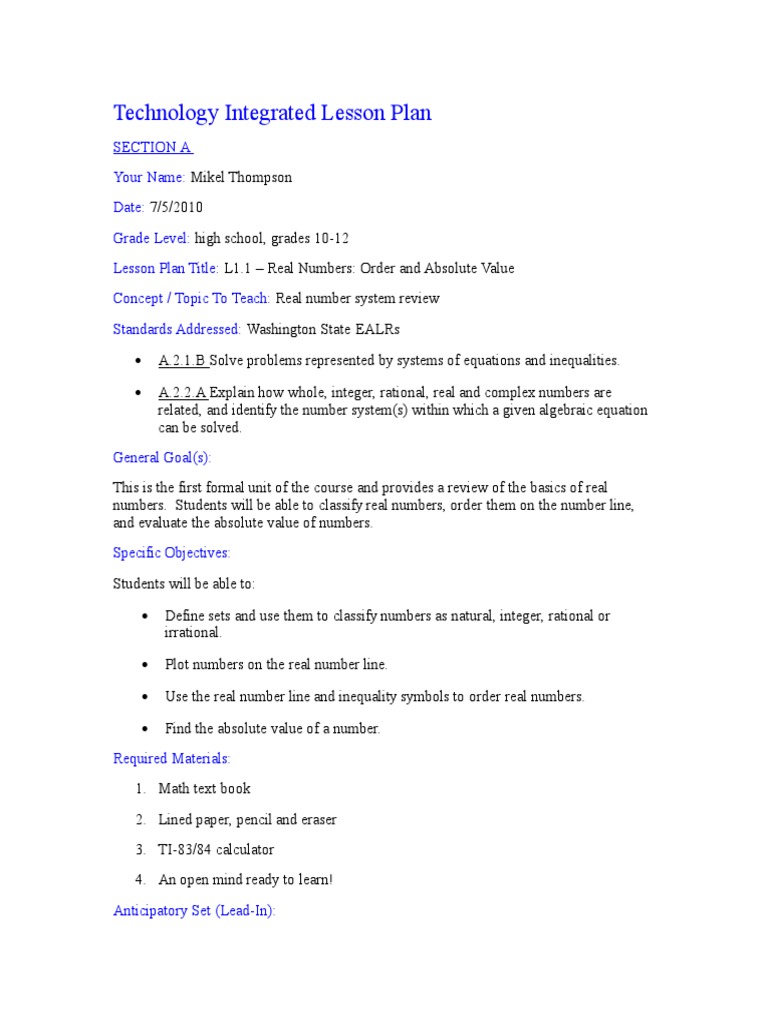 L1.1 Real Number Lesson Plan | PDF | Numbers | Real Number