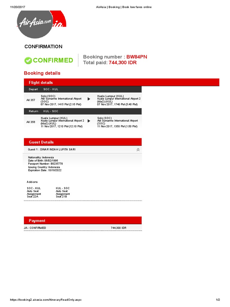 AirAsia Flight Booking Confirmation | PDF