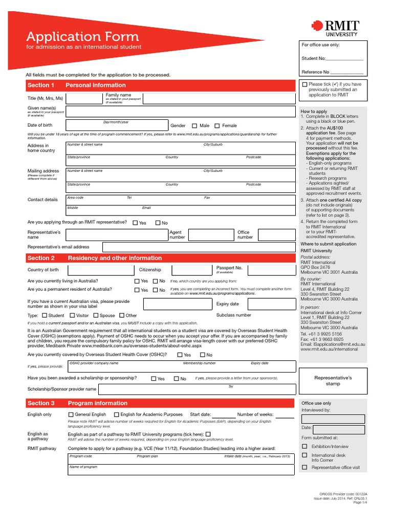 Application for Admission: International Student Seeking Entry to RMIT ...