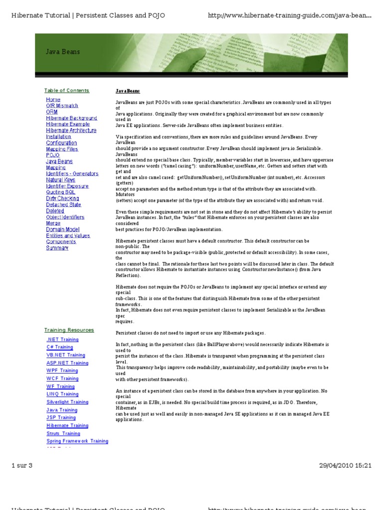 Java Beans: Hibernate Tutorial - Persistent Classes and POJO | PDF ...