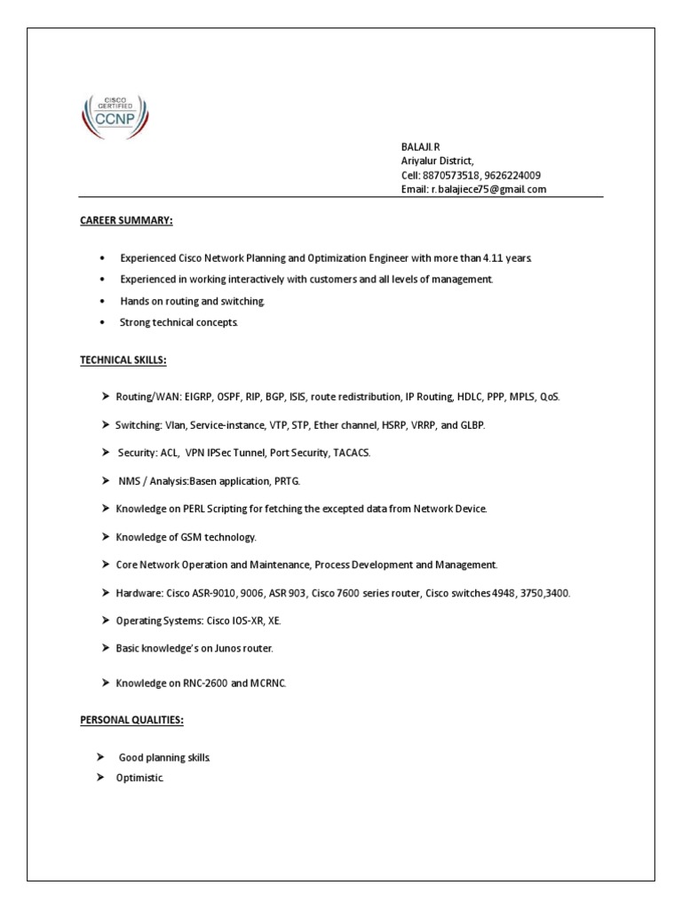 Balaji Resume Network | PDF | Computer Network | Cisco Certifications