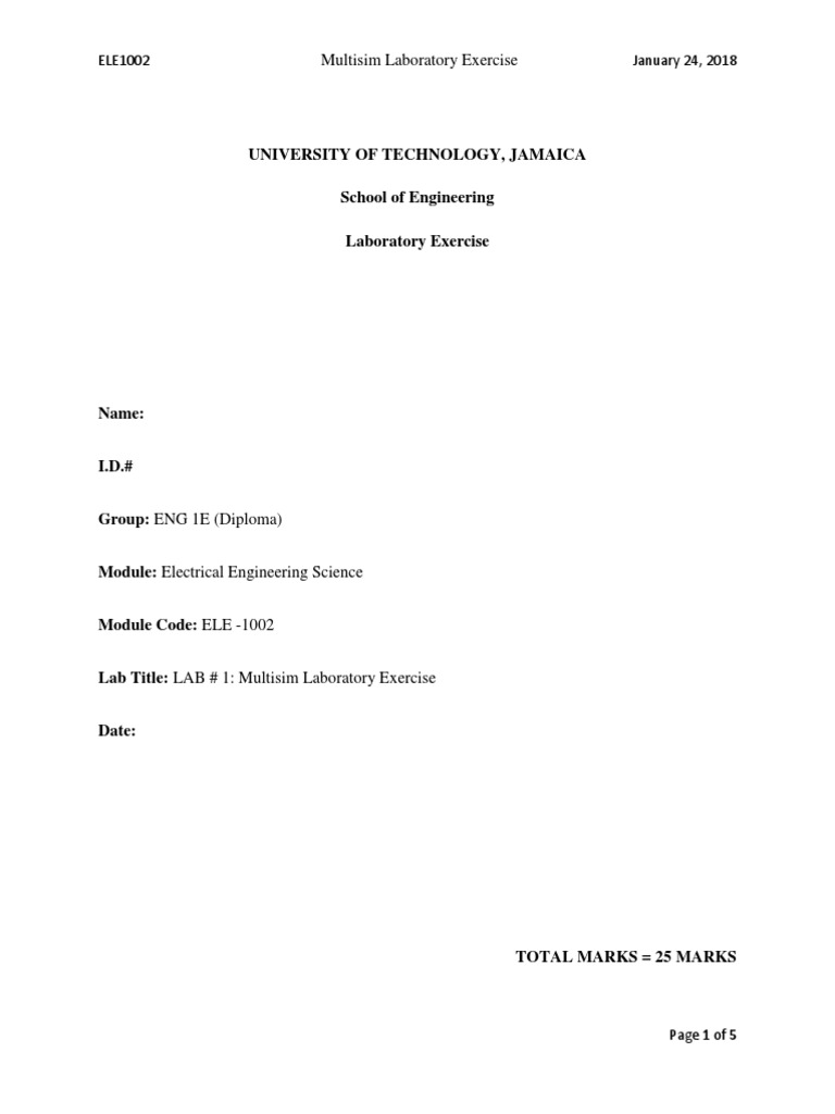 Lab 1 Multisim Laboratory Exercise Updated January 2018 Pdf Voltage Electrical Network