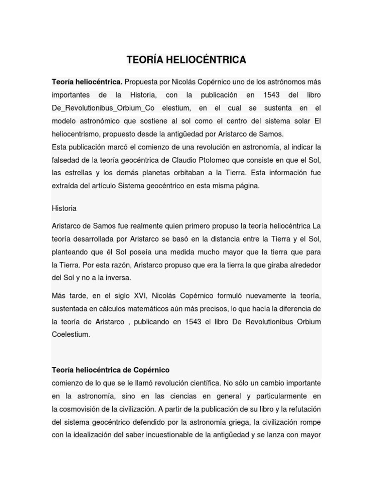 Teoría Heliocéntrica | PDF | Heliocentrismo | Nicolás Copérnico