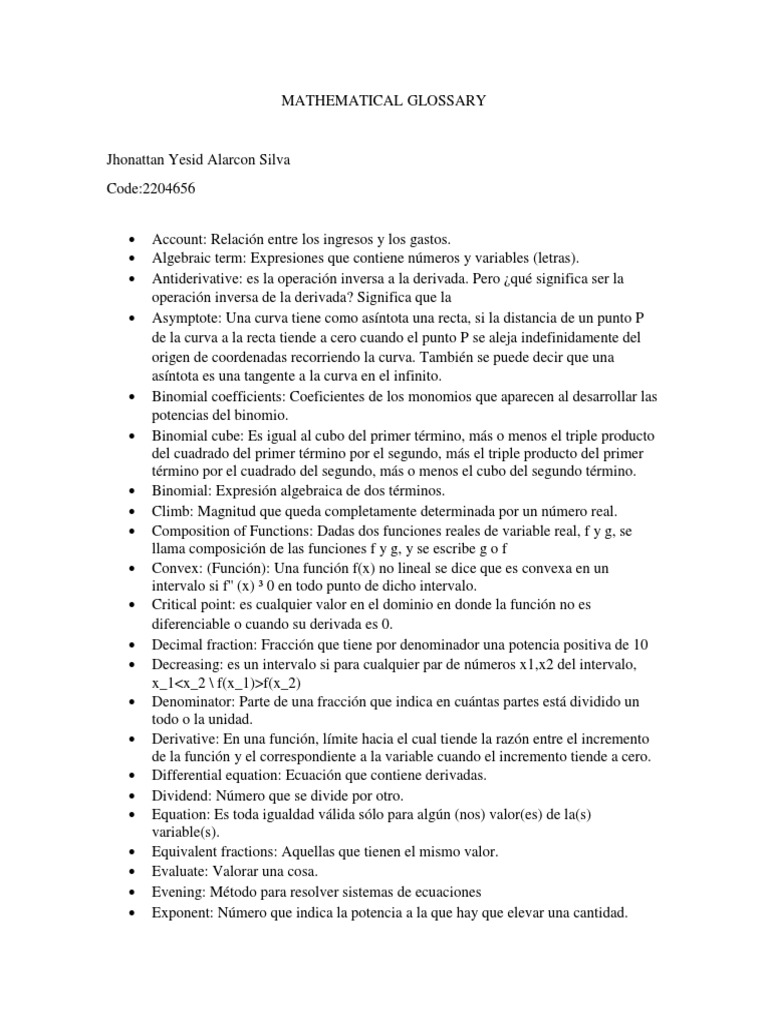 Glosario de Términos Matemáticos | PDF | Multiplicación | Derivado