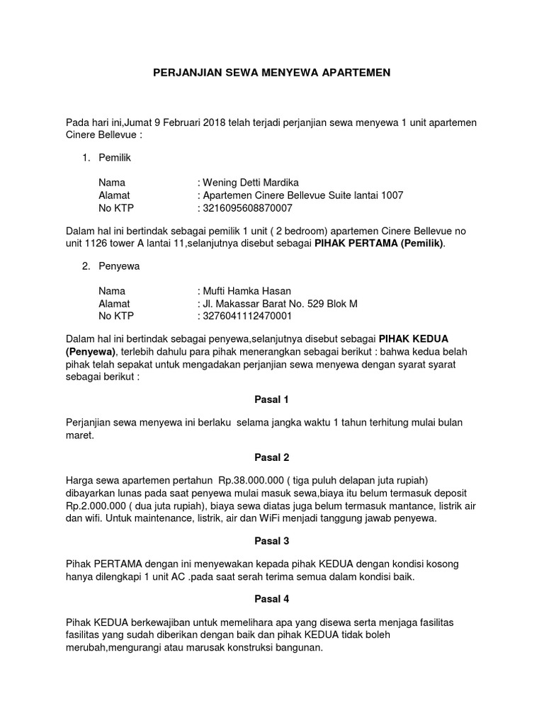 Contoh Perjanjian Sewa Menyewa Apartemen Bahasa Indonesia Pdf