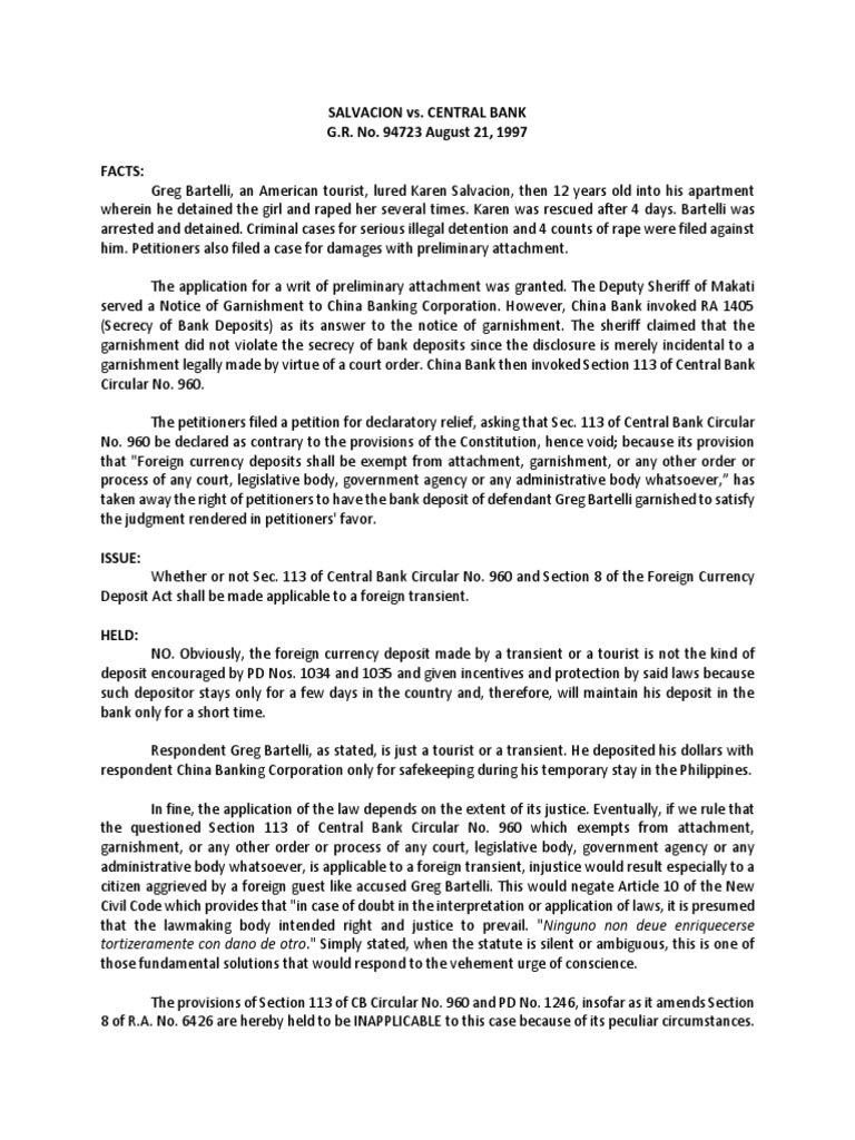 Salvacion v. Central Bank Ruling | PDF | Garnishment | Banks