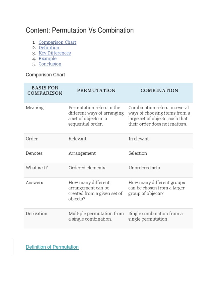Permutation vs Combination Explained | PDF | Permutation | Teaching ...