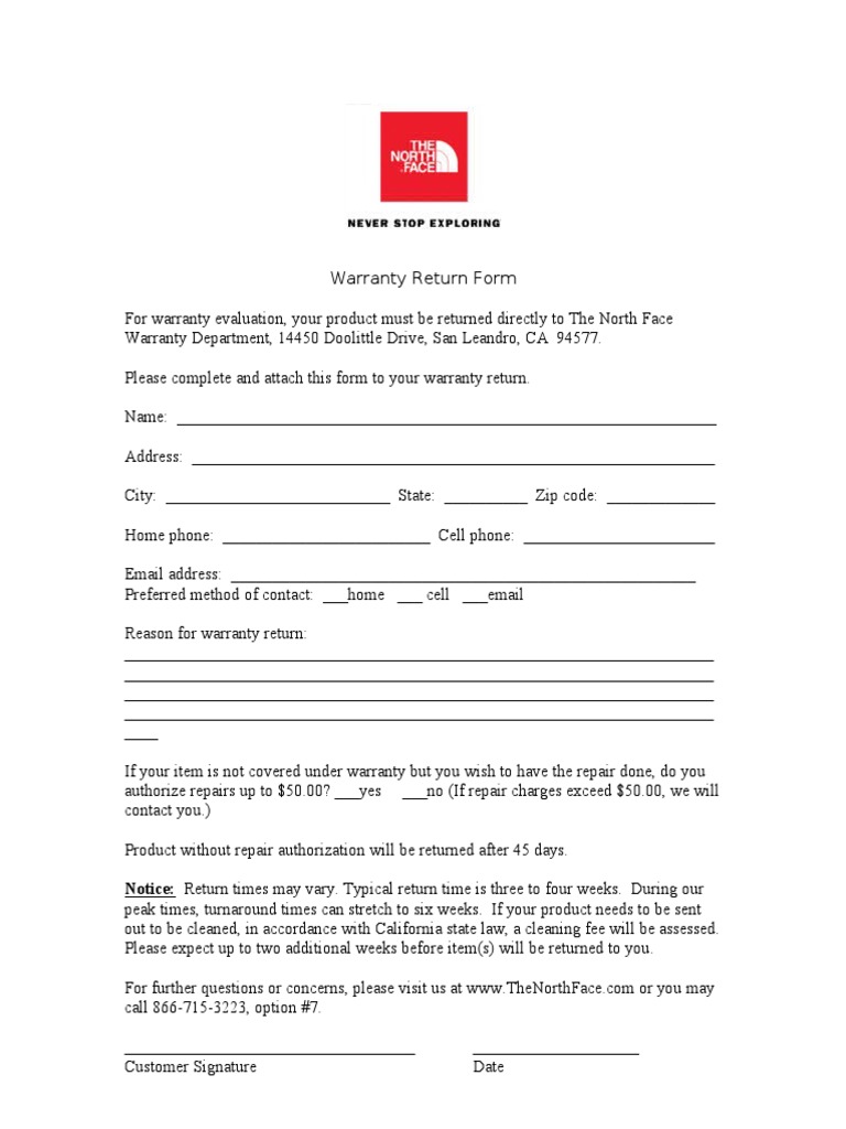 North Face Warranty Return Form | PDF | Career & Growth