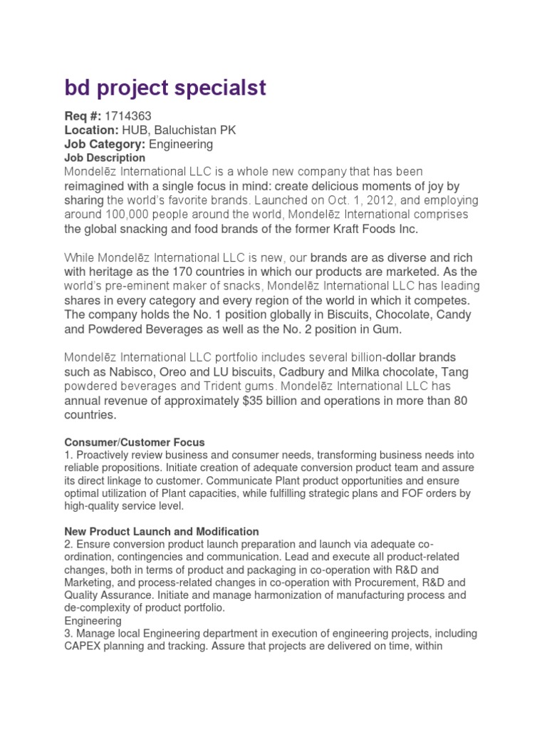 BD Project Specialst | PDF | Mondelez International | Business