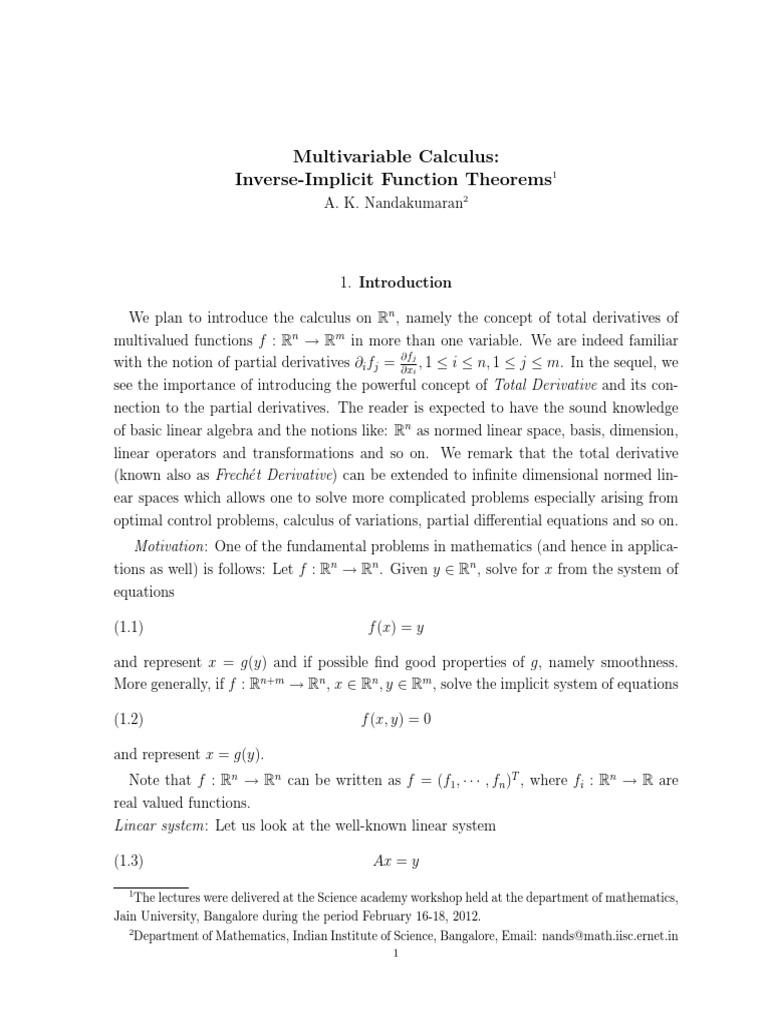 Multivariable Calculus: Inverse-Implicit Function Theorems: N N M F X | PDF | Derivative ...