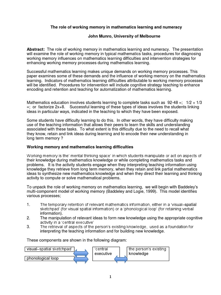 The Role of Working Memory in Mathematics Learning and Numeracy | PDF | Working Memory | Memory