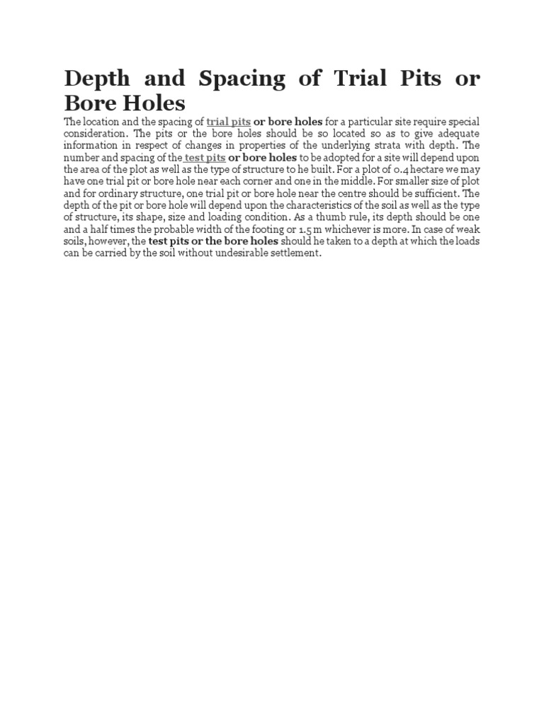 Depth and Spacing of Trial Pits or Bore Holes | PDF | Civil Engineering | Nature