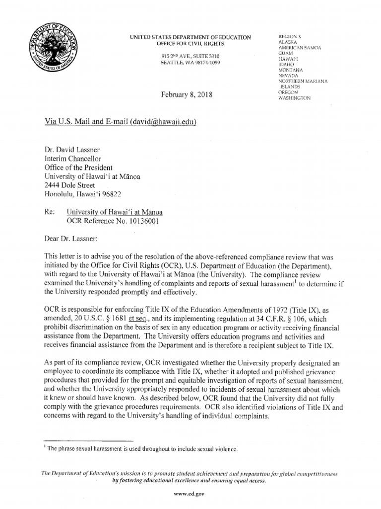 UH-Manoa sexual assault letter of findings